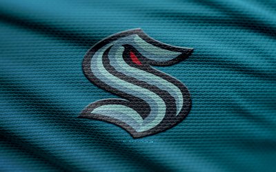 Download Seattle Kraken fabric logo, 4k, blue fabric background, NHL ...