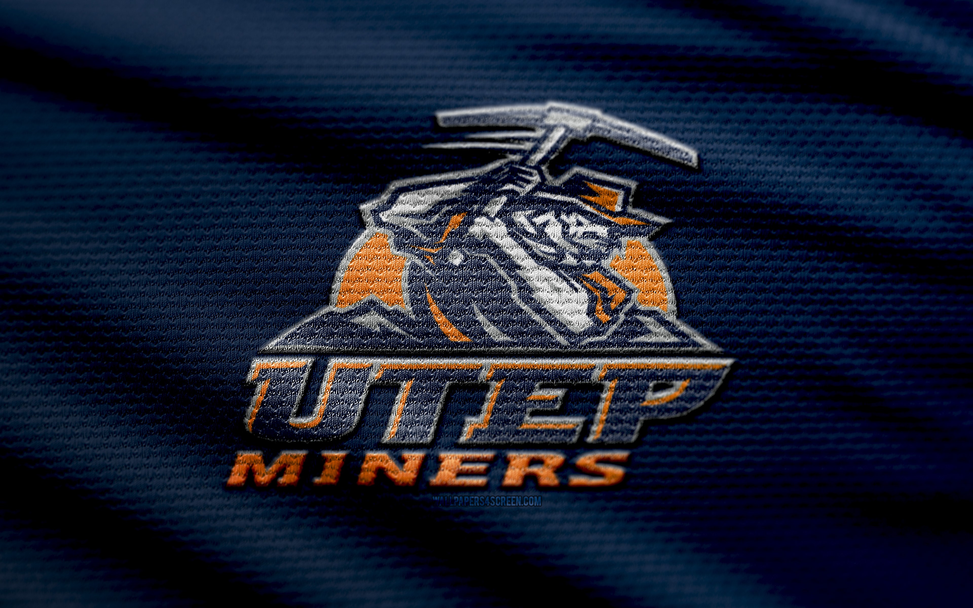 Download wallpapers UTEP Miners fabric logo, 4k, blue fabric background ...
